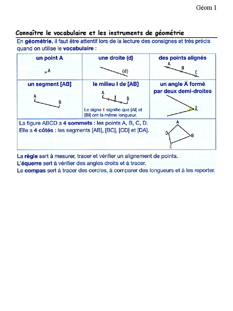 Vocabulaire et instruments de géométrie CM1 | PDF