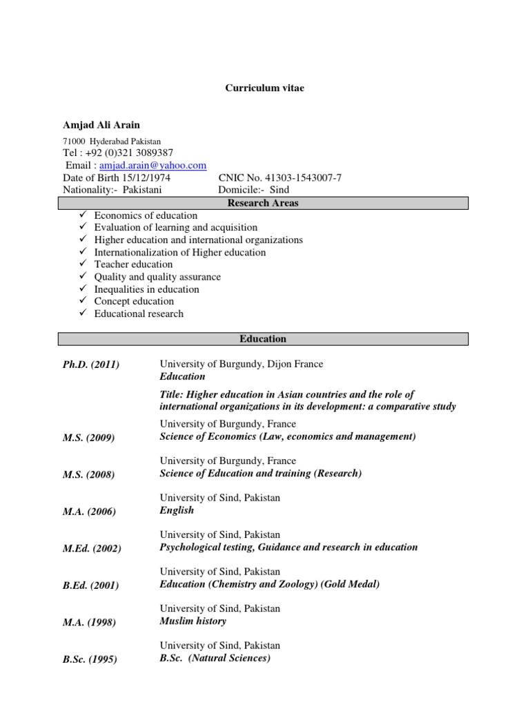 Curriculum Vitae - Dr. Amjad Ali Arain | PDF | Educational Assessment ...
