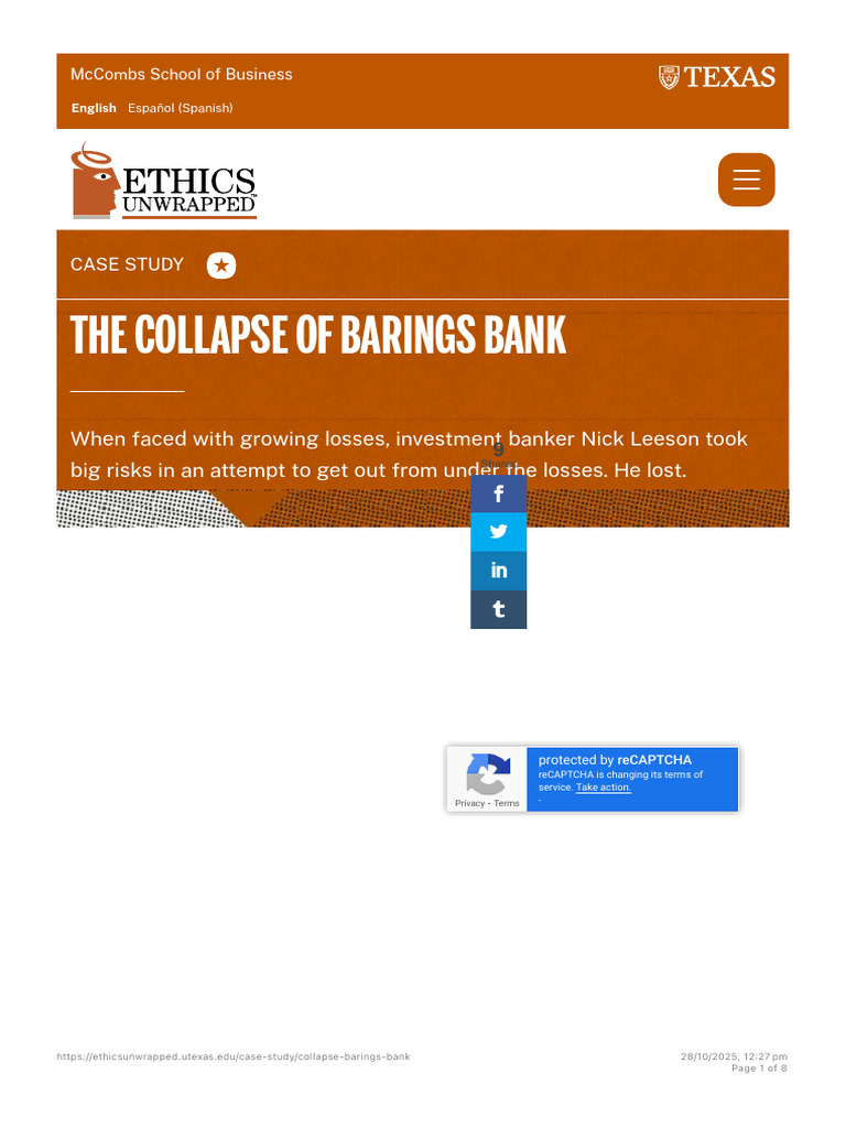 The Collapse of Barings Bank - Ethics Unwrapped | PDF