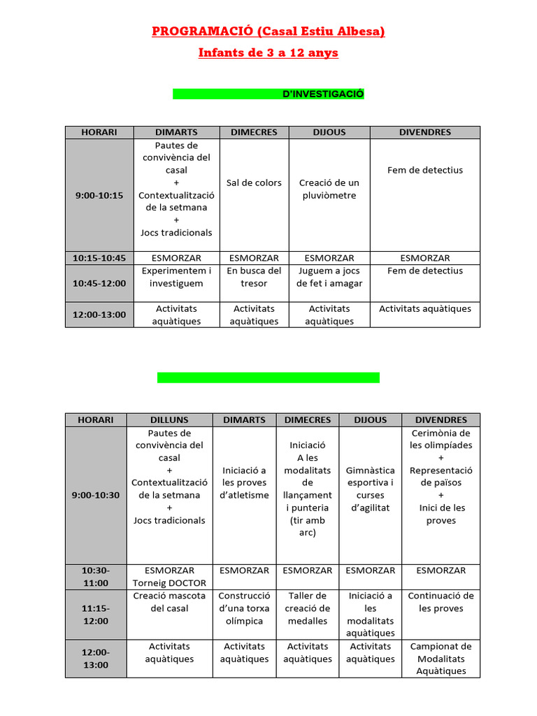 Programació Albesa INFANTIL | PDF