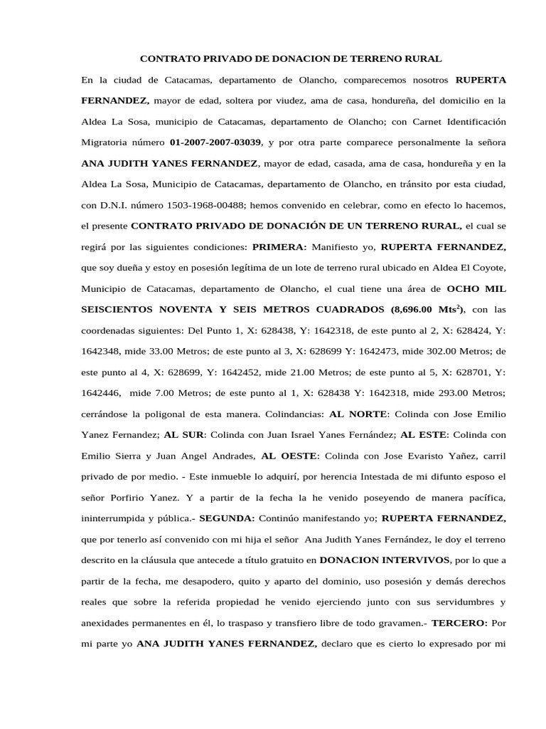 Contrato Privado de Donacion de Ruperta A Ana Judith | PDF | Donación