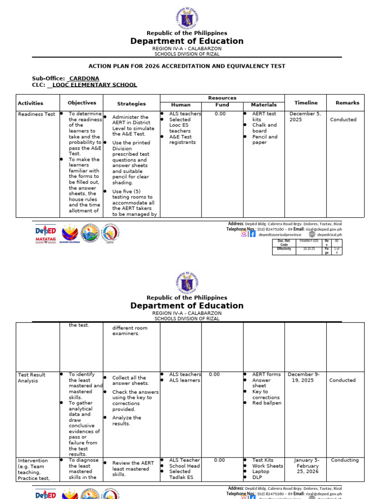 Action Plan For 2026 Accreditation and Equivalency Test | PDF ...