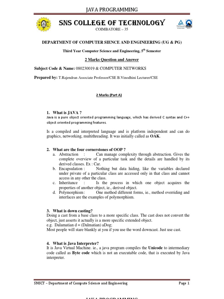 Sns College of Technology: Java Programming | PDF | Class (Computer Programming) | Inheritance ...