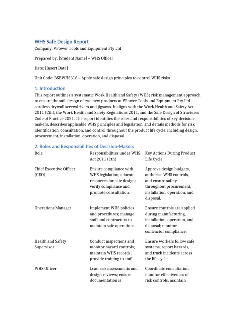 WHS Safe Design Report Sample Answer | PDF | Occupational Safety And ...