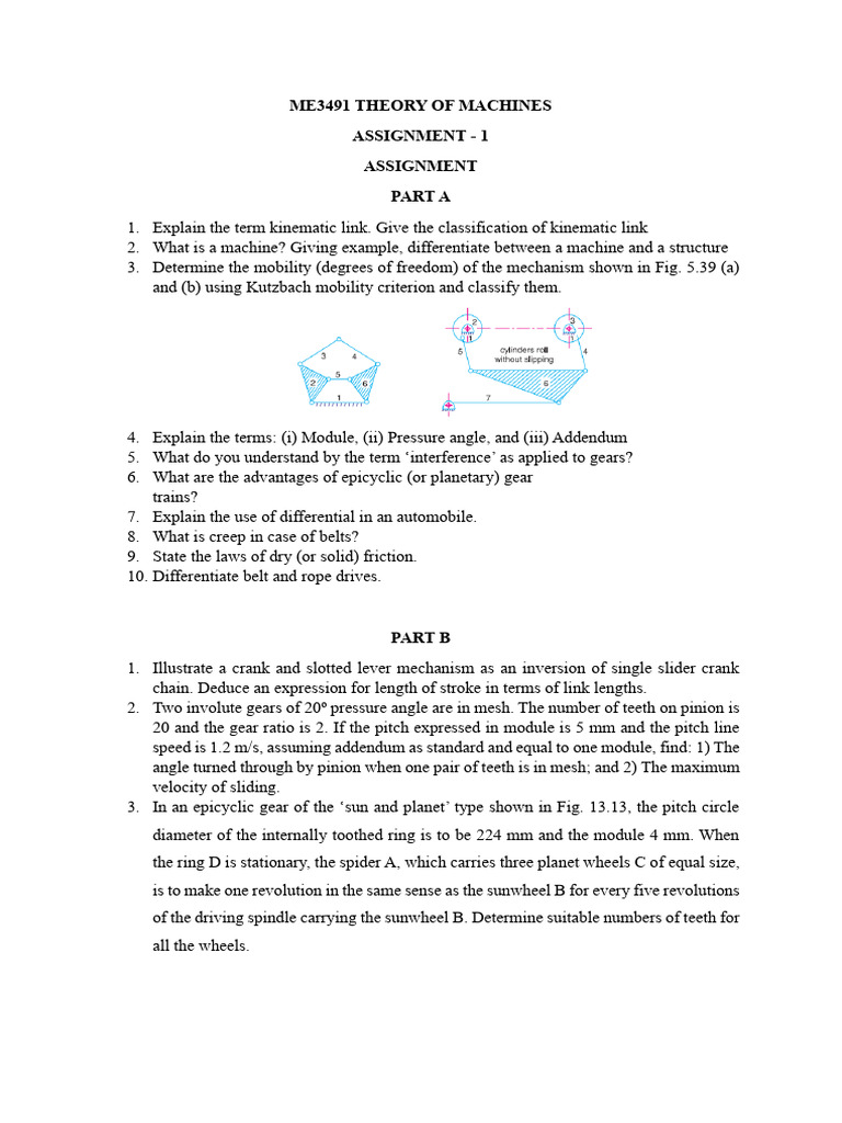 Me3491 Theory of Machines Assignment 1 | PDF | Gear | Kinematics