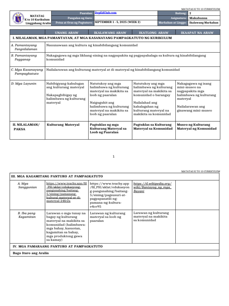 DLL Matatag Makabansa 2 q2 w2 | PDF