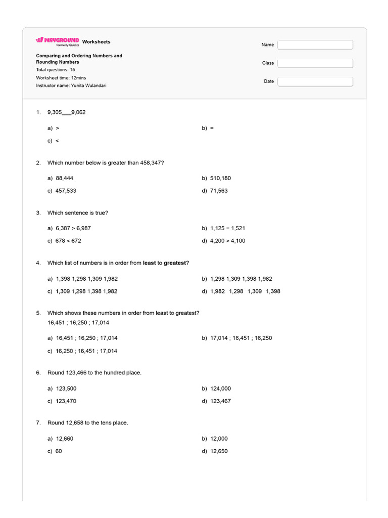 Math English Exercises - Comparing and Ordering Numbers and Rounding ...