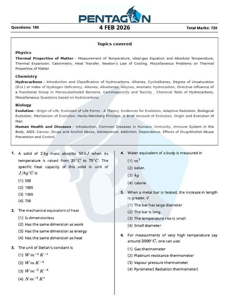 4 FEB 2026 (Question Paper With Solution) | PDF | Alkene | Temperature