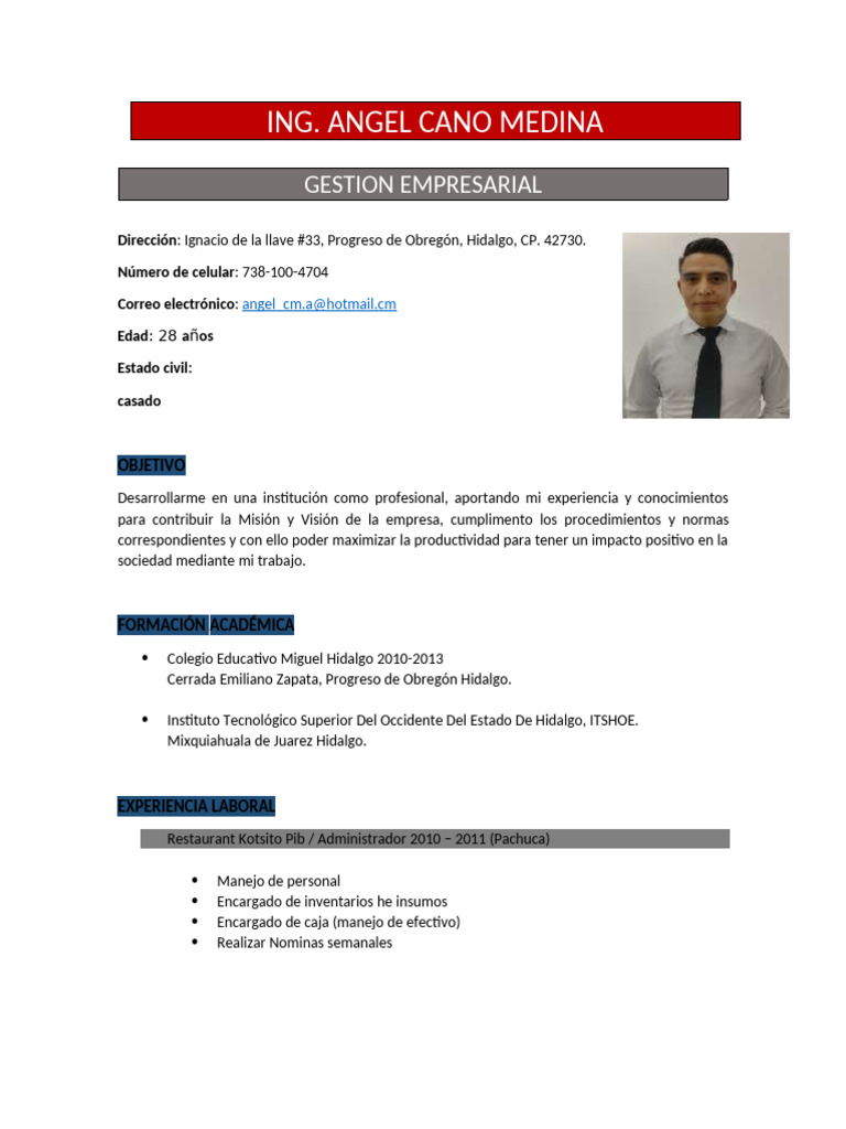 C.V. Ing. Angel Cano | PDF | Business