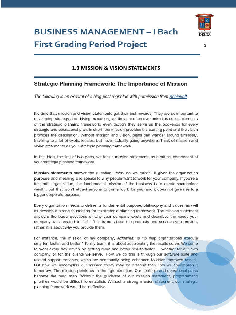 Mission and Vision Statements - 1st Grading Period Project | PDF ...
