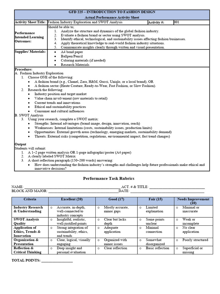 Activity #1 Garments Fashion Design | PDF | Fashion | Swot Analysis