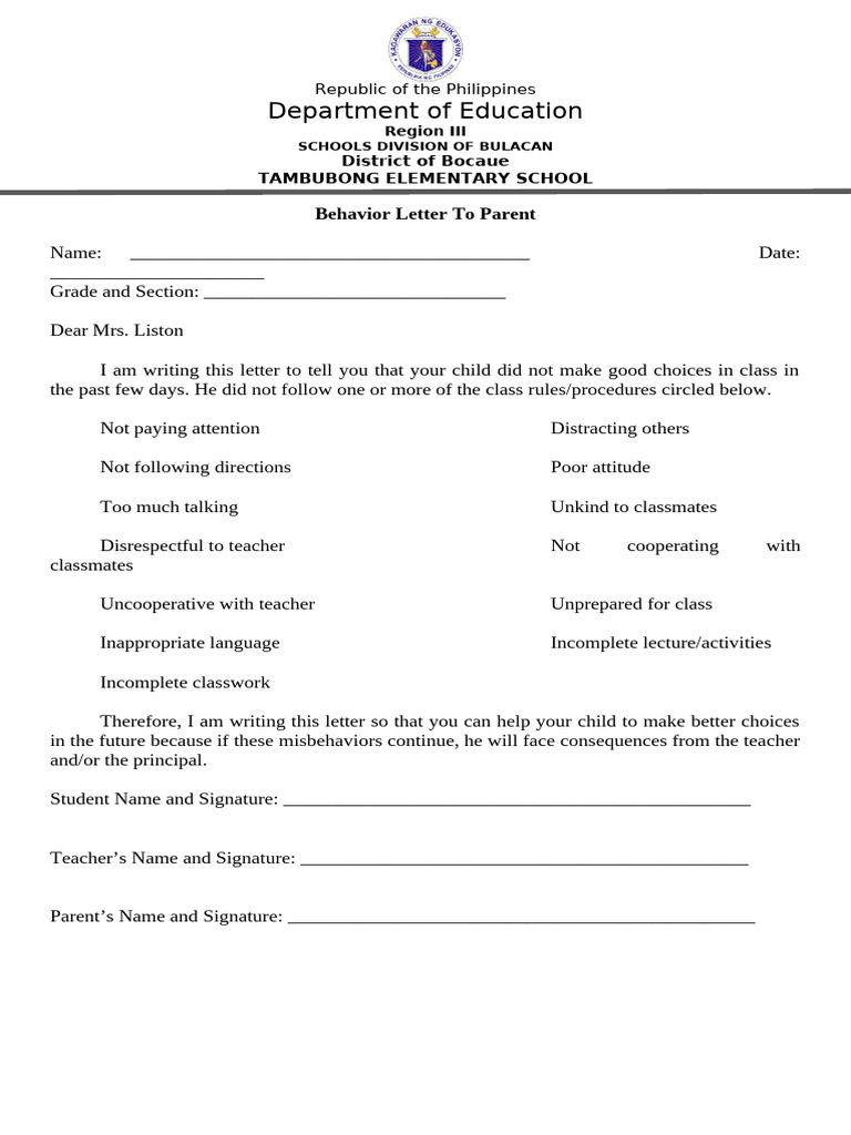 Misbehavior Letter To Parent | PDF