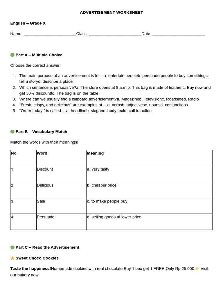 Advertisement Worksheet X | PDF | Advertising