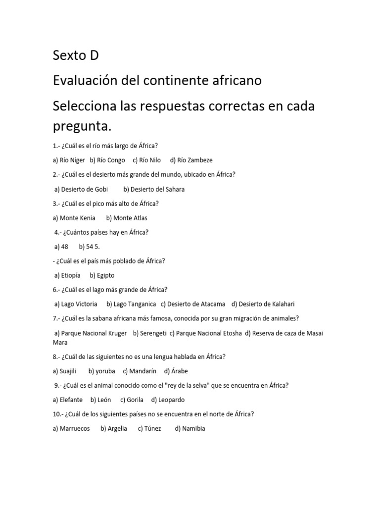Sexto D Evaluacion Del Continente Africano | PDF