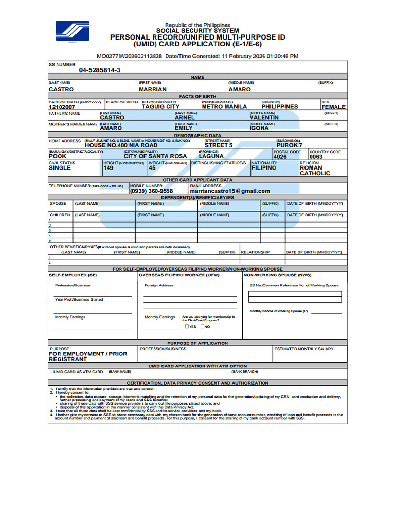 Personalrecord - Umidcard - Form Castro, Marrian Amaro | PDF