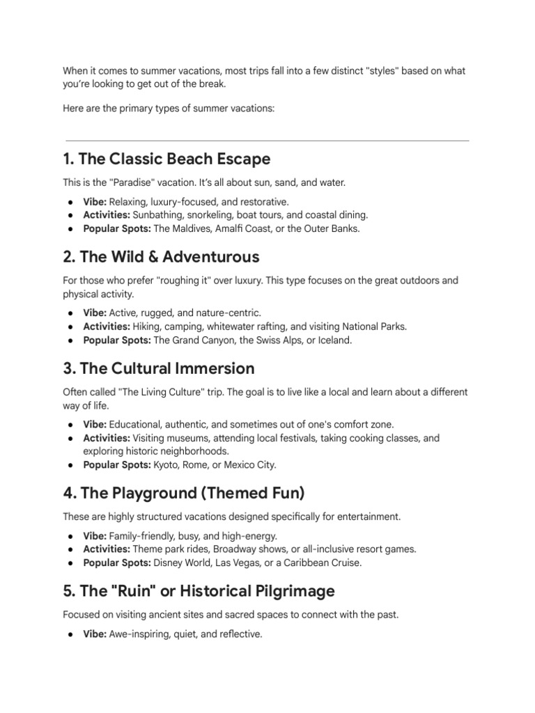 Summer Vacation Types Explained | PDF
