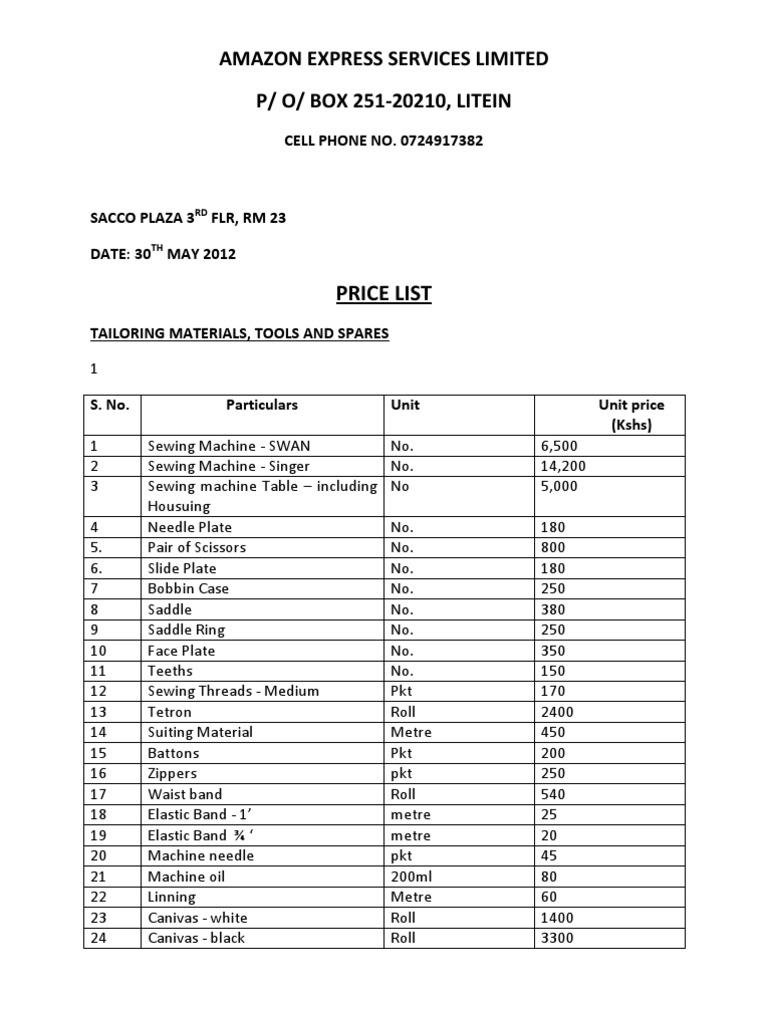 Tailoring & Carpentry Price List | PDF