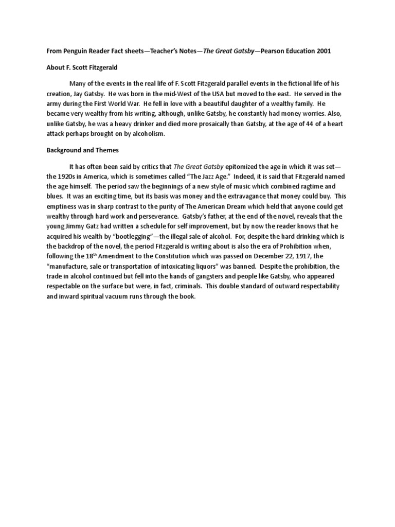 From Penguin Reader Fact Sheets-Teacher's Notes-The Great Gatsby ...