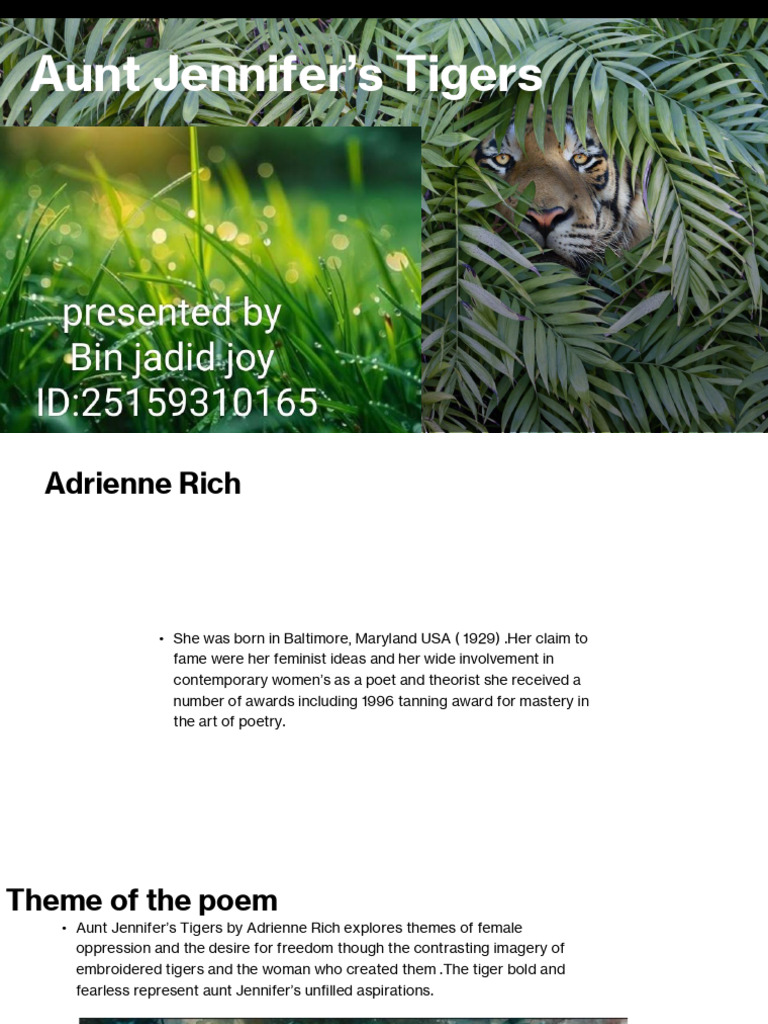 Aunt Jennifer's Tigers: by Adrienne Rich | PDF