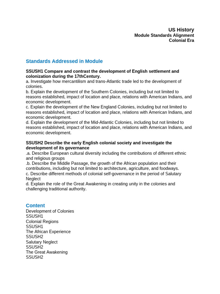 USHistory ModuleStandards ColonialEra | PDF