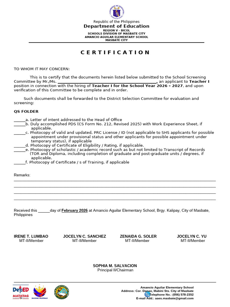 School Screening Committee Checklist | PDF