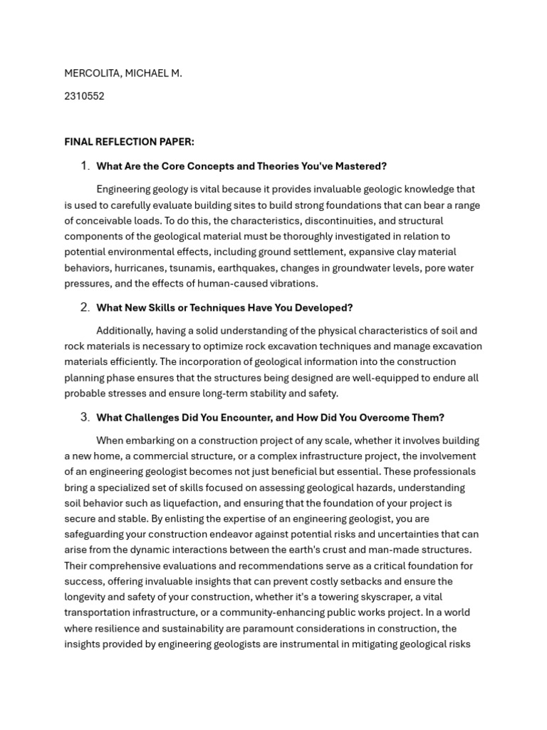 Final Geology Reflection Paper | PDF | Geology | Safety