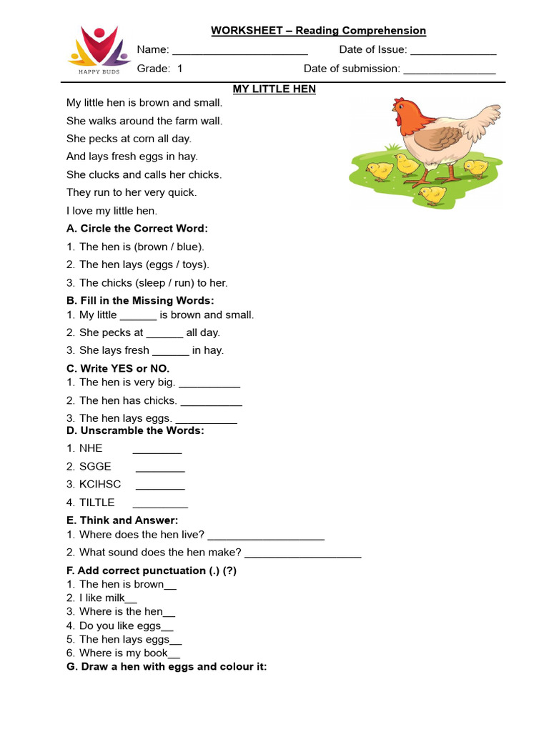 Grade 1 Hen Read. Comp Ws (12.02.2026) | PDF