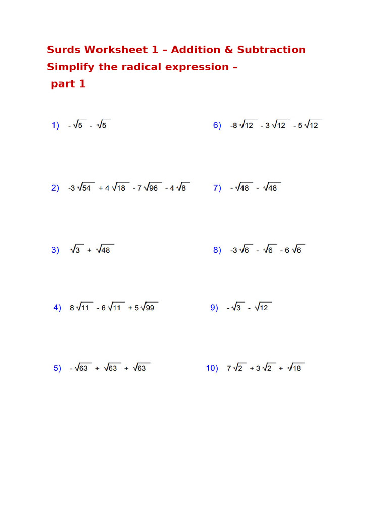 Surds Worksheet 1 - Addition & Subtraction Simplify The Radical ...