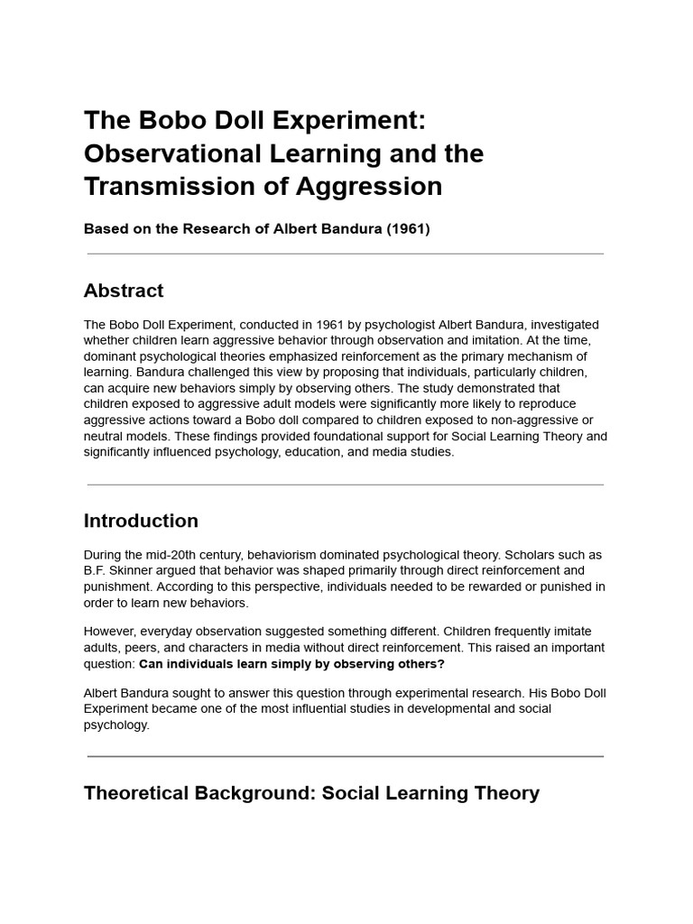 The Bobo Doll Experiment - Observational Learning and The Transmission ...