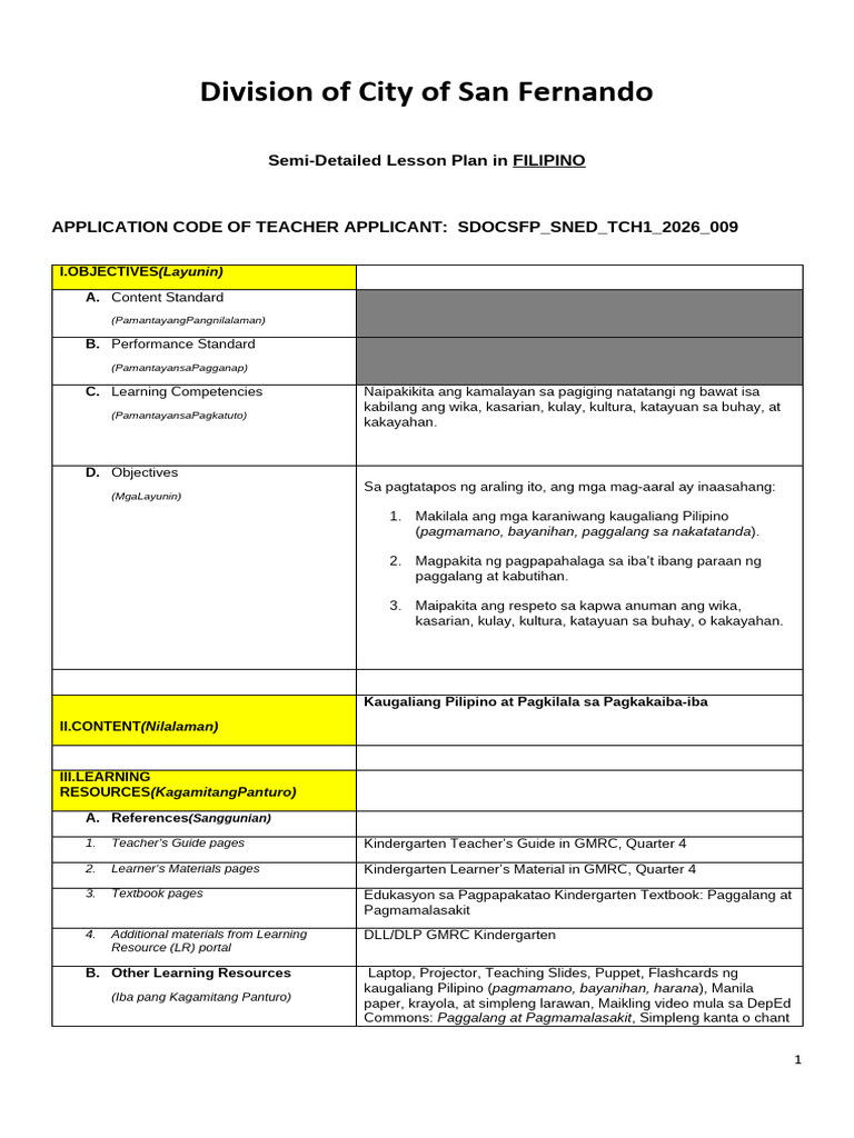 MAVT-Semi Detailed LSSNPLN (Filipino-SNED) | PDF