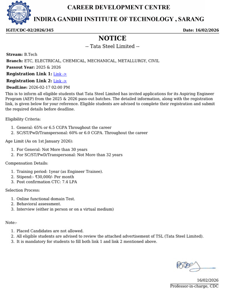 Tata Steel Limited - B.tech - (FY-2025 & 2026) - 2 | PDF