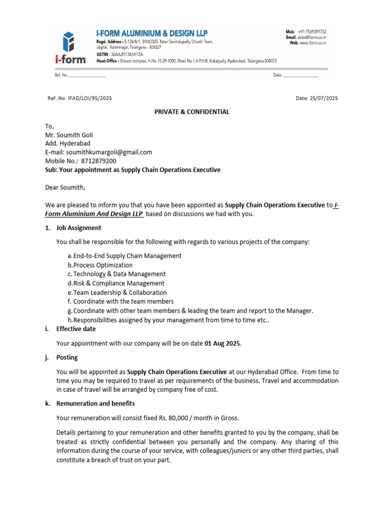 95 Appointment Letter - Soumith Goli | PDF | Non Disclosure Agreement ...