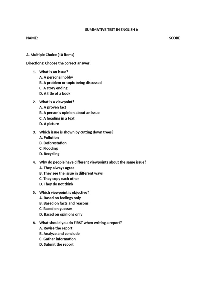 Summative Test in English 6 | PDF