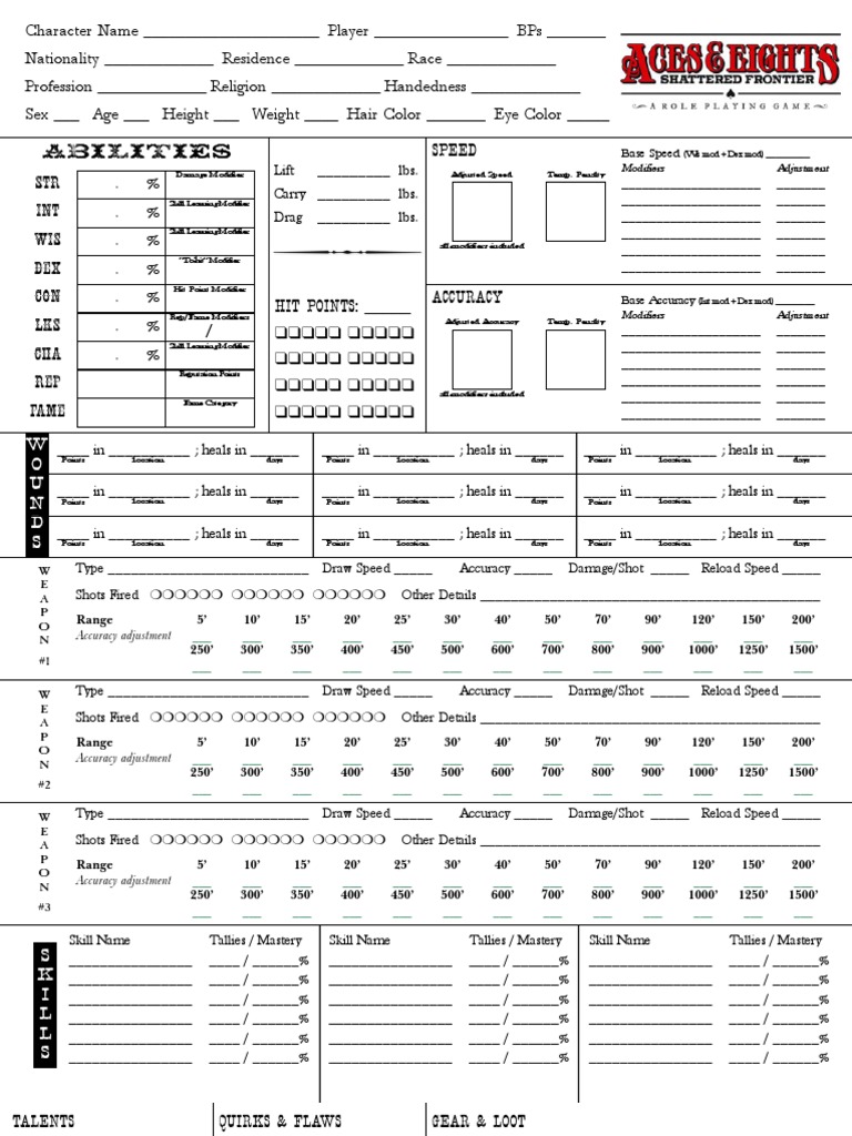 Aces And Eights Form Fillable Character Sheet - Printable Forms Free Online