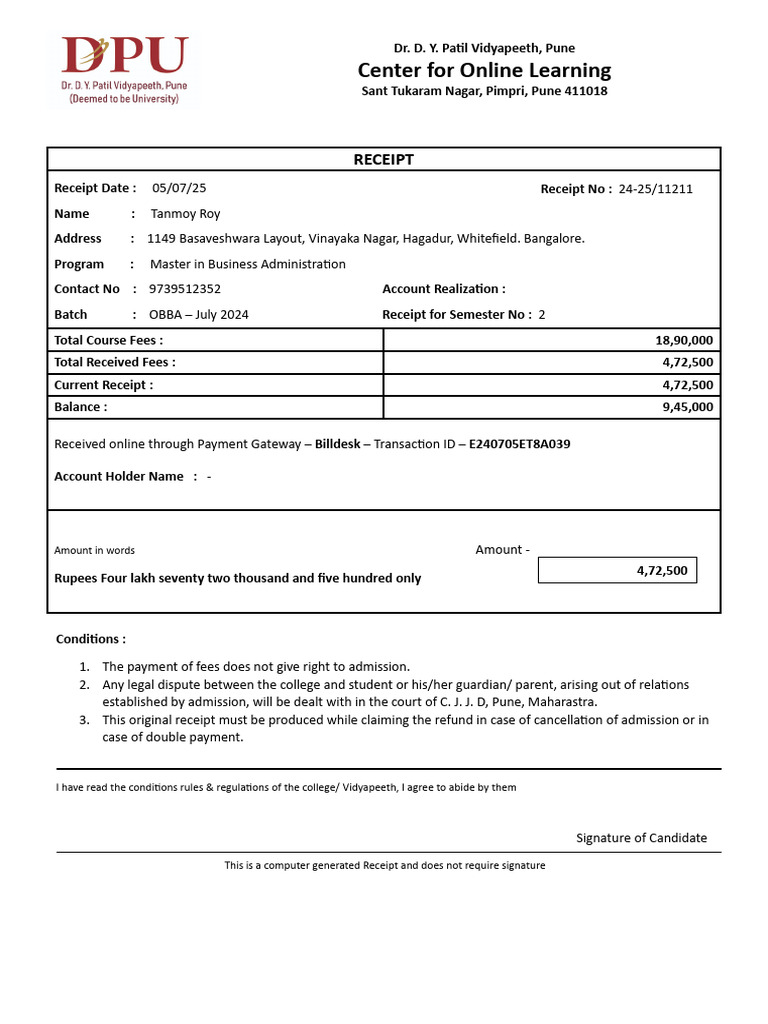 DPU College Fee Receipt - 2025 | PDF | Payments