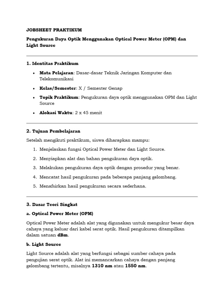 Jobsheet Praktikum Pengukuran Daya Optik Menggunakan Optical Power ...