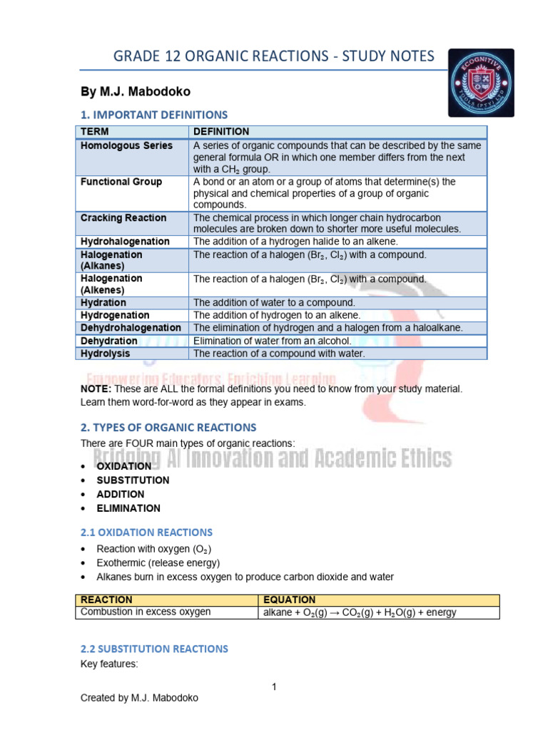 Grade 12 Organic Reactions Notes | PDF | Alkene | Chemical Reactions