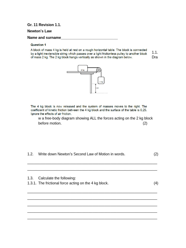 Physics Worksheet 1 Newtons Laws | PDF