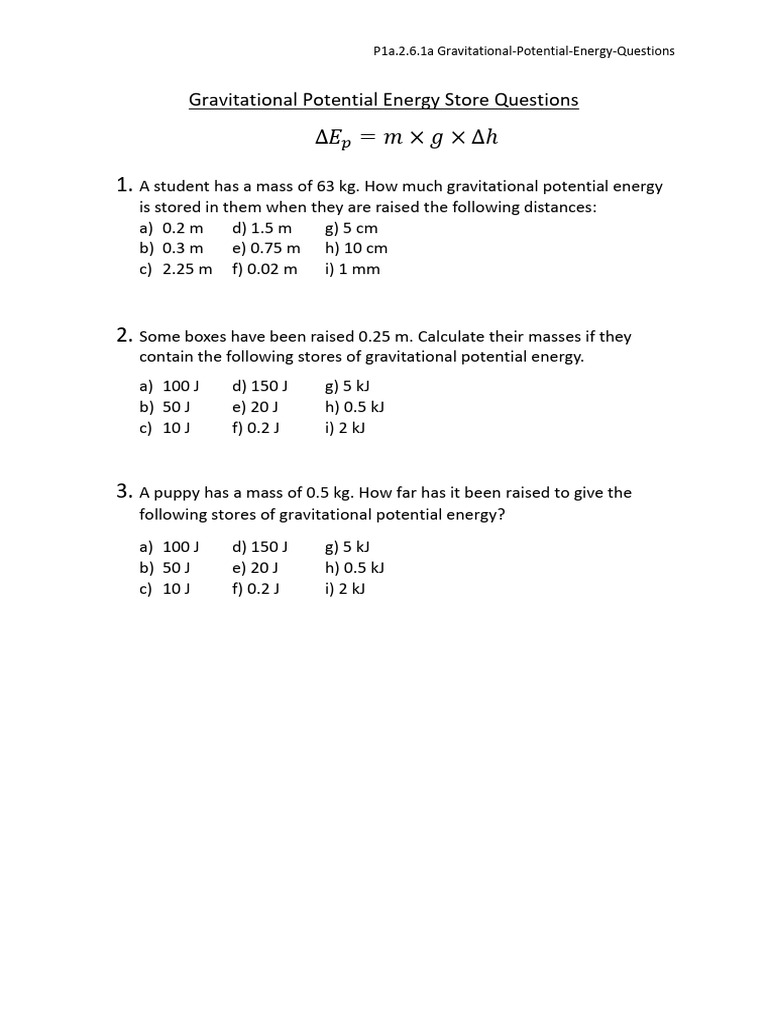 P1a.2.6.1a Gravitational Potential Energy Questions | PDF