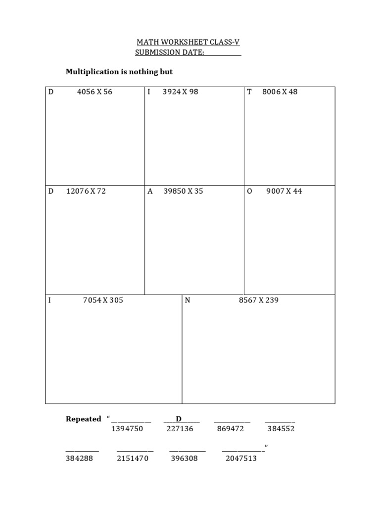 CBSE Class 5 Mathematics Worksheet - Multiplication | PDF