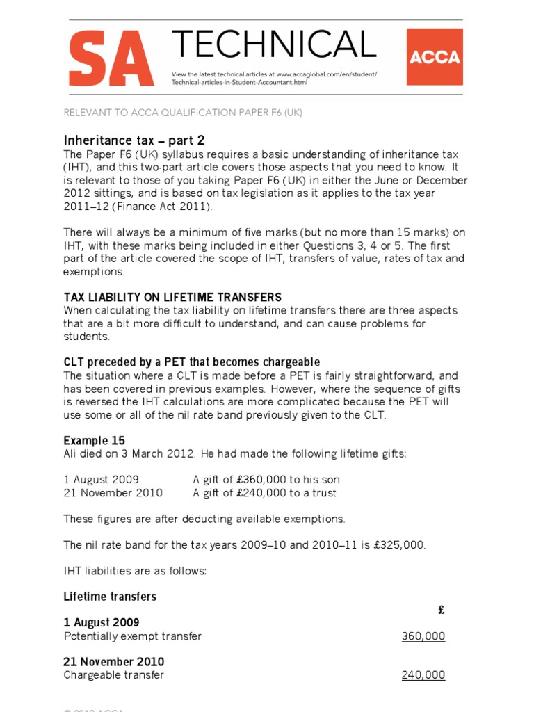 Inheritance Tax - Part 2: Relevant To Acca Qualification Paper F6 (Uk ...