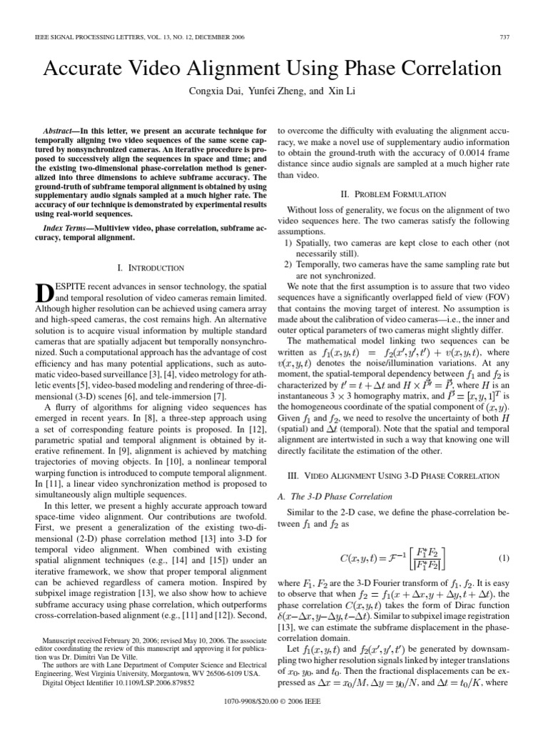 2006 - Accurate Video Alignment Using Phase Correlation | PDF