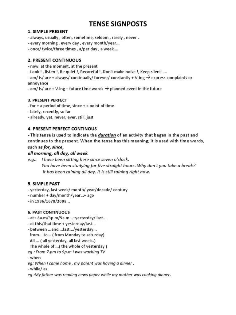 Tense Signposts | PDF | Perfect (Grammar) | Grammatical Tense