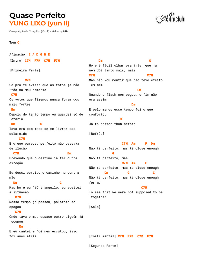 Cifra - YUNG LIXO (Yun Li) - Quase Perfeito | PDF | Música gravada