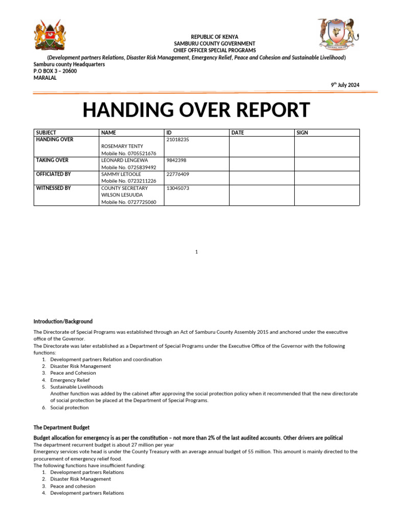 Special Programs Hand Over Report 2026 | PDF | Emergency Management ...