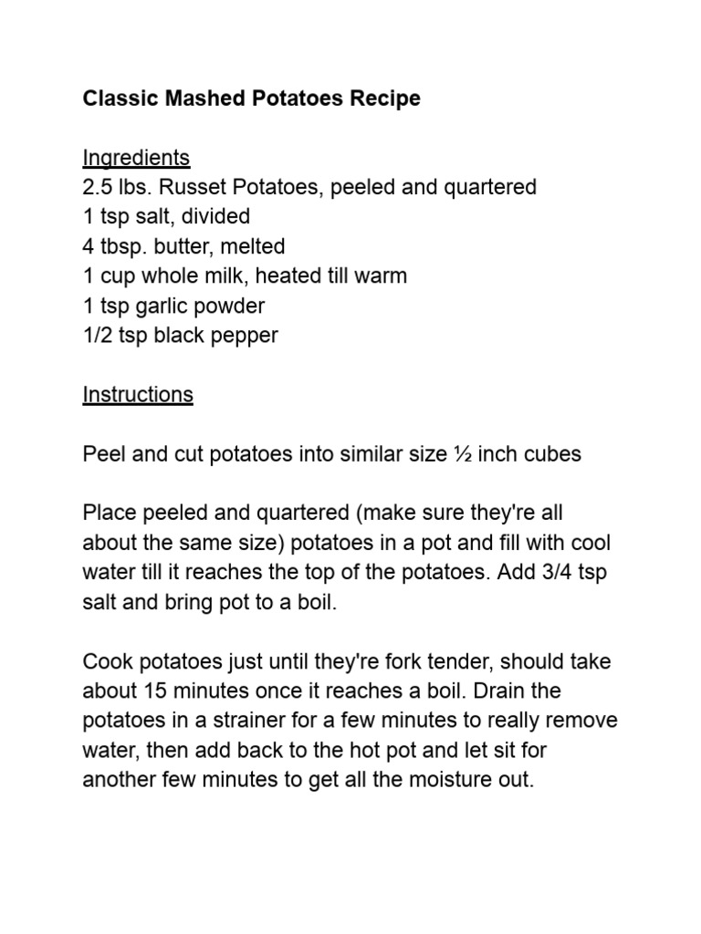 Classic Mashed Potatoes Recipe | PDF
