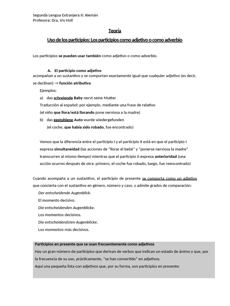 Teoría B - Los Participios Como Adjetivos y Adverbios | PDF | Adjetivo ...
