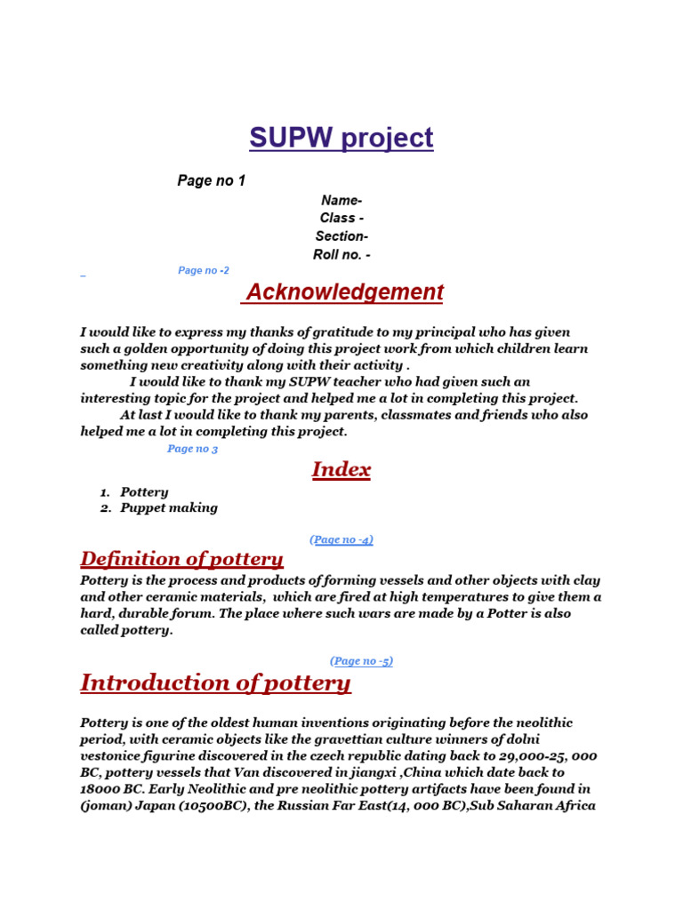 Class 10 SUPW Project (25-26) | PDF | Pottery | Ceramics