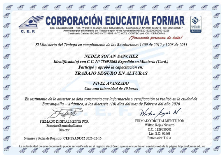 Certificado Altura Neder Sofan 2026 | PDF