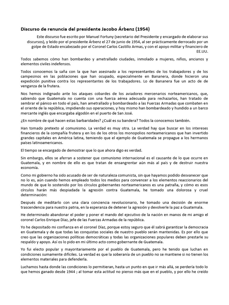 Discurso de Renuncia Del Presidente Jacobo Arbenz | PDF | Guatemala